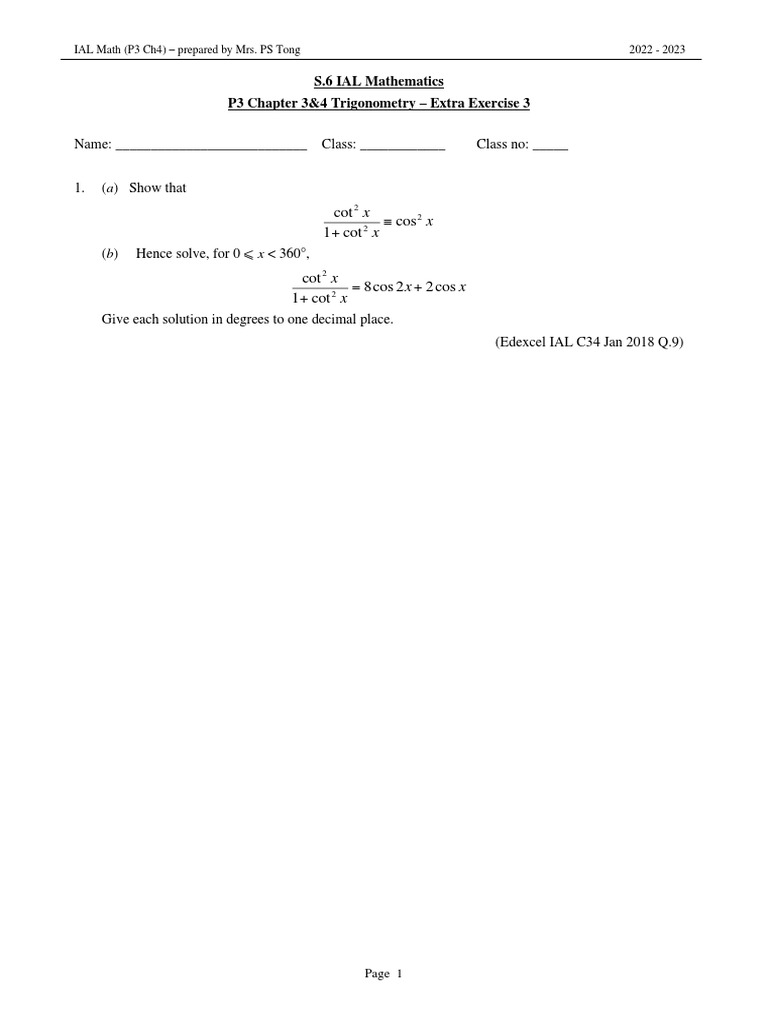 P3 Ch4 Extra Ex (3) (Past Questions) | PDF | Numbers | Trigonometric Functions