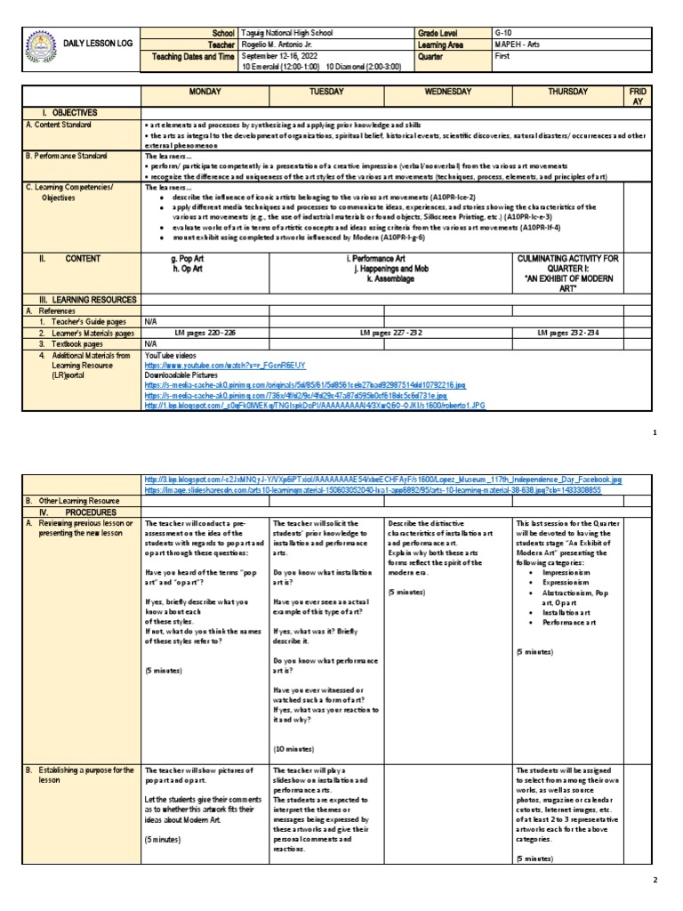 Arts DLL Week 2 | PDF | Teaching Method | Learning
