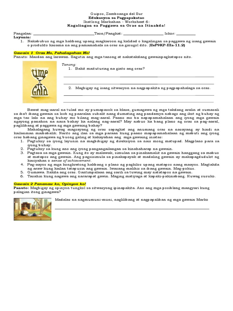 EsP 9 Worksheet Week 6 | PDF