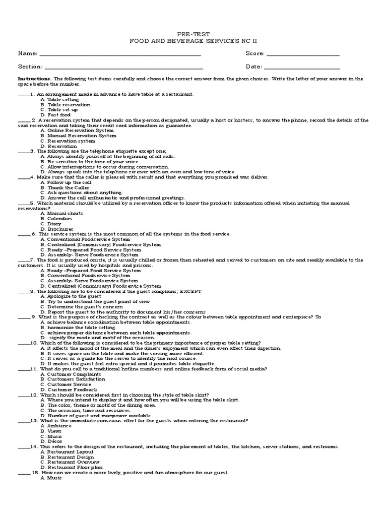 FBS Pre Test | PDF | Restaurants | Menu