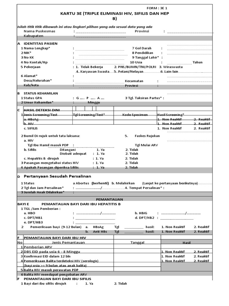 Kartu 3e Triple Eliminasi Hiv Sifilis Dan Hep B A Identitas Pasien | PDF