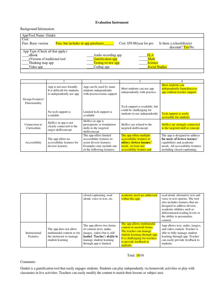 Gimkit Evaluation Instrument | PDF | Mobile App | Accessibility