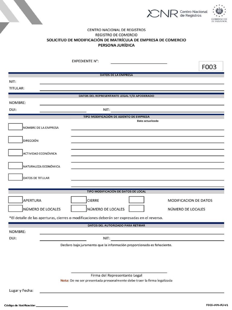 Registro de Comercio - Formulario - F003 | PDF