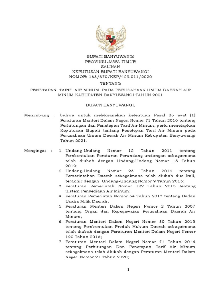 SK NO 370 TAHUN 2020 SK Tarif PUDAM - Siap | PDF