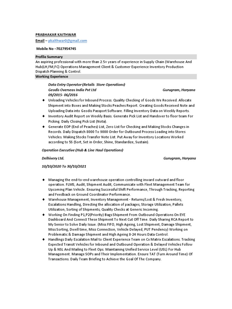 Resume Prabhakar - Kaithwar-2 | PDF | Warehouse | Enterprise Resource Planning