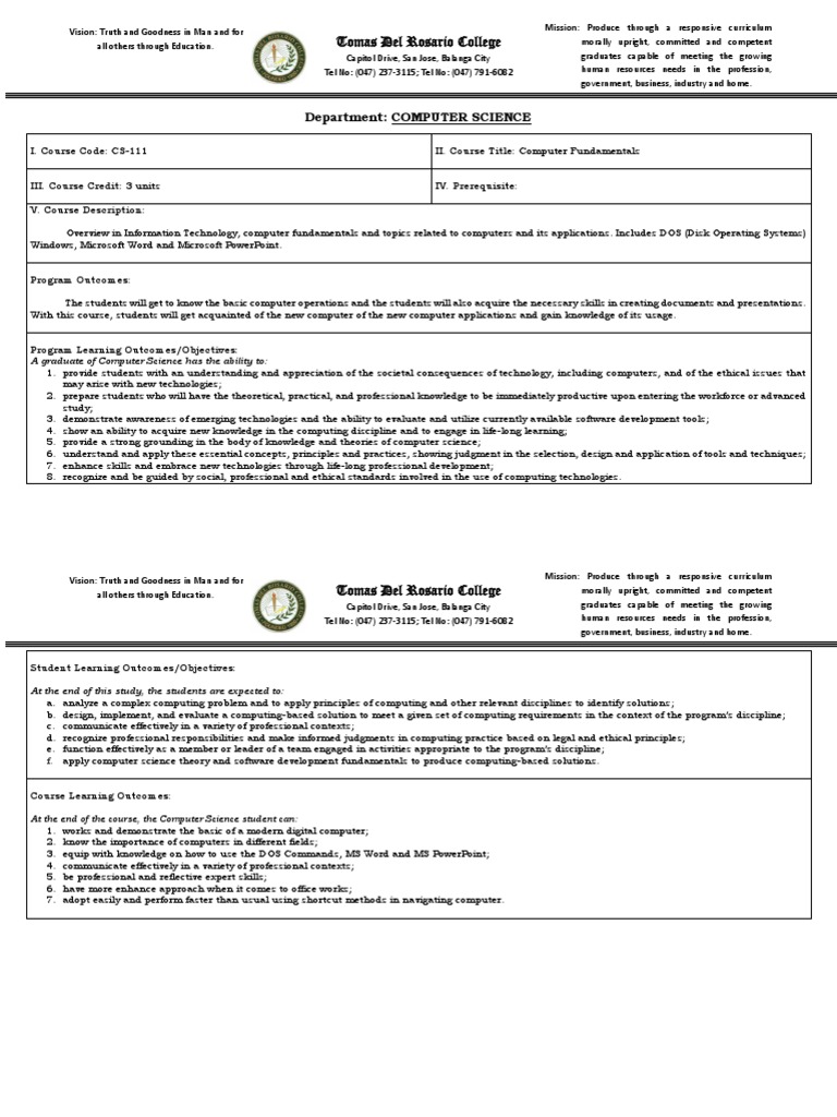 Syllabus Cs111 Computer Fundamentals Pdf Computing Computer Science 