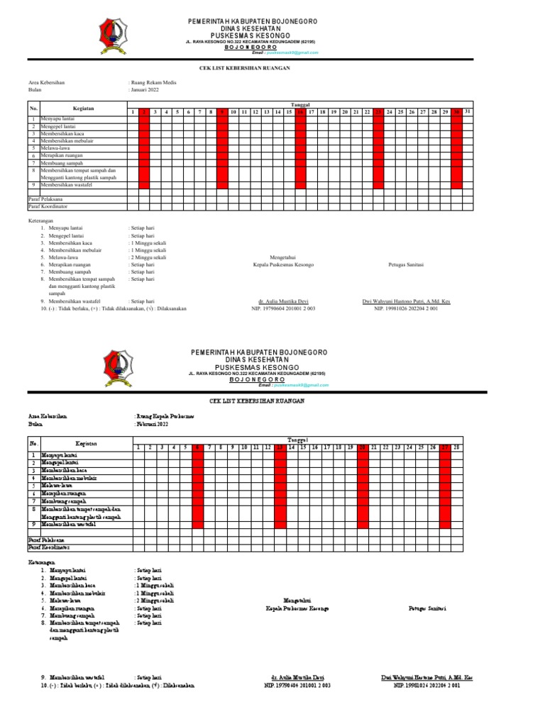 Ceklist Kebersihan Ruangan Jan-Des Kesongo | PDF