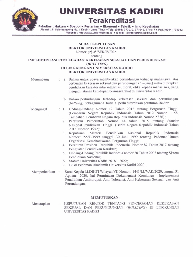 SK Rektor 018A Implementasi Pencegahan Kekerasan Seksual | PDF | Ilmu ...
