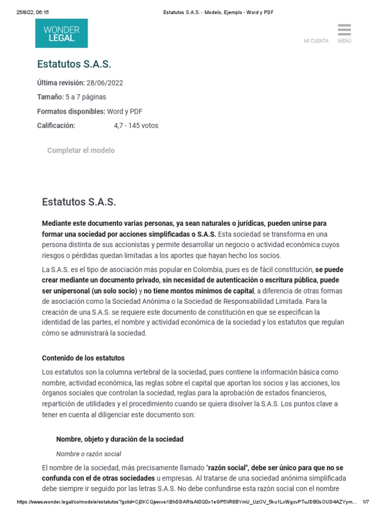 Estatutos S.a.S. - Modelo, Ejemplo - Word y PDF | PDF | Compartir ...
