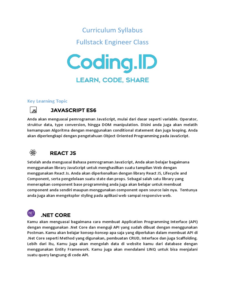 1643799965syllabus - Fullstack Engineer Class (ReactJS and .Net Core) Curriculum | PDF
