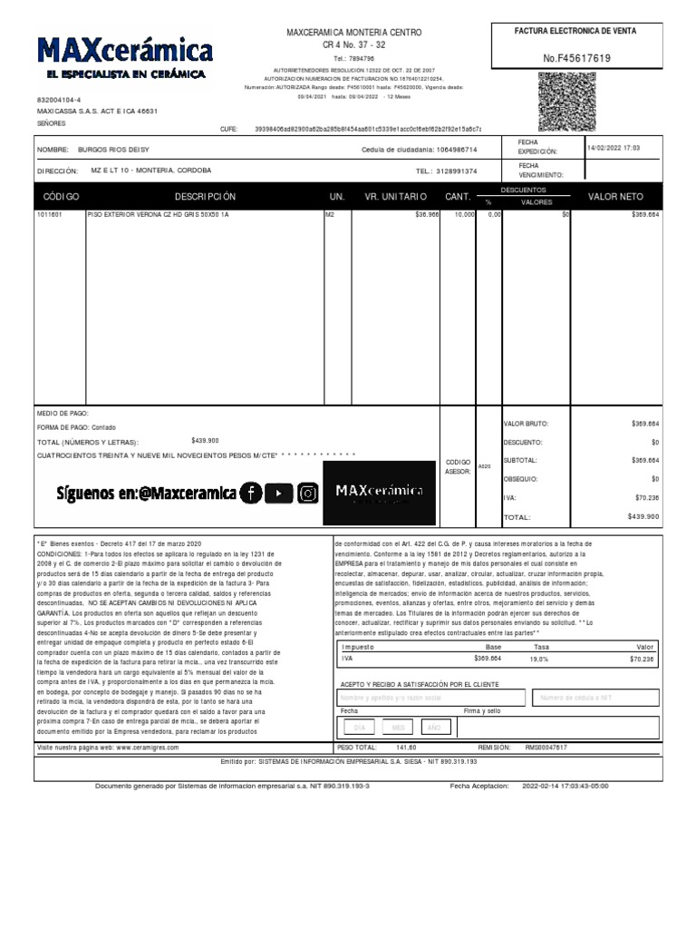 Código Descripción UN. Vr. Unitario Cant. Valor Neto: Maxceramica ...