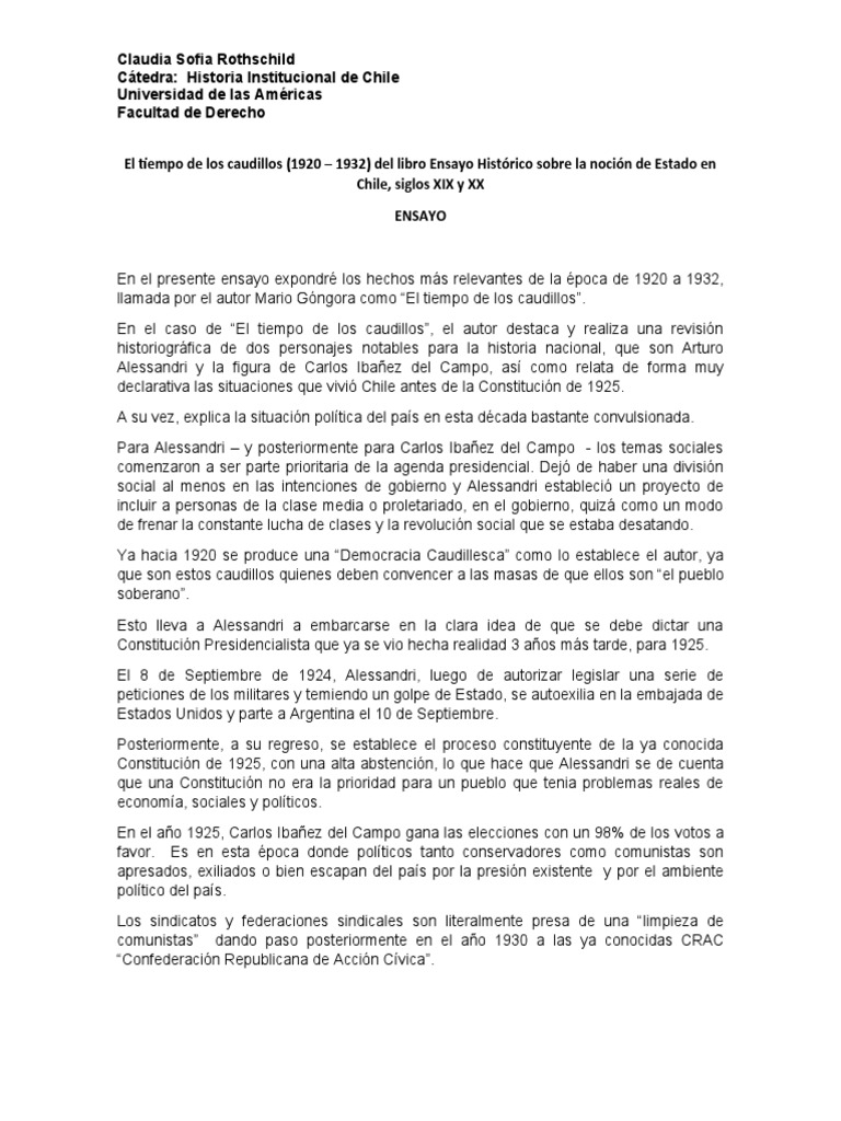 Ensayo Claudia Sofia Rothschild - El Tiempo de Los Caudillos | PDF | Chile | Gobierno
