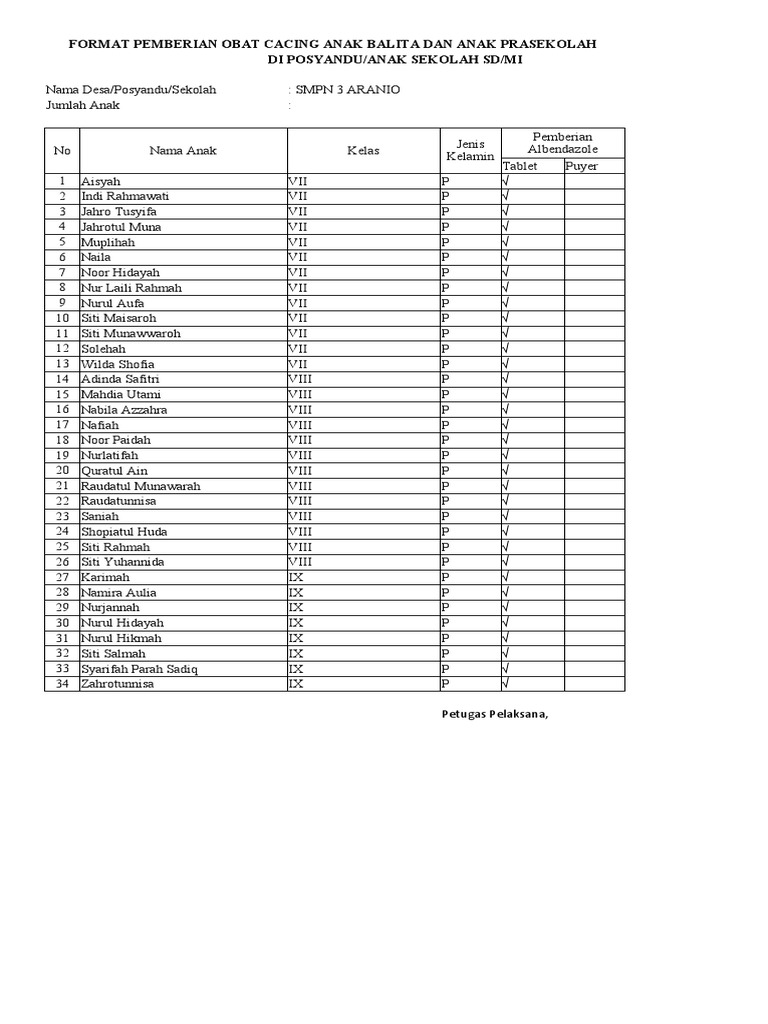 Format Register Pemberian Obat Cacing | PDF