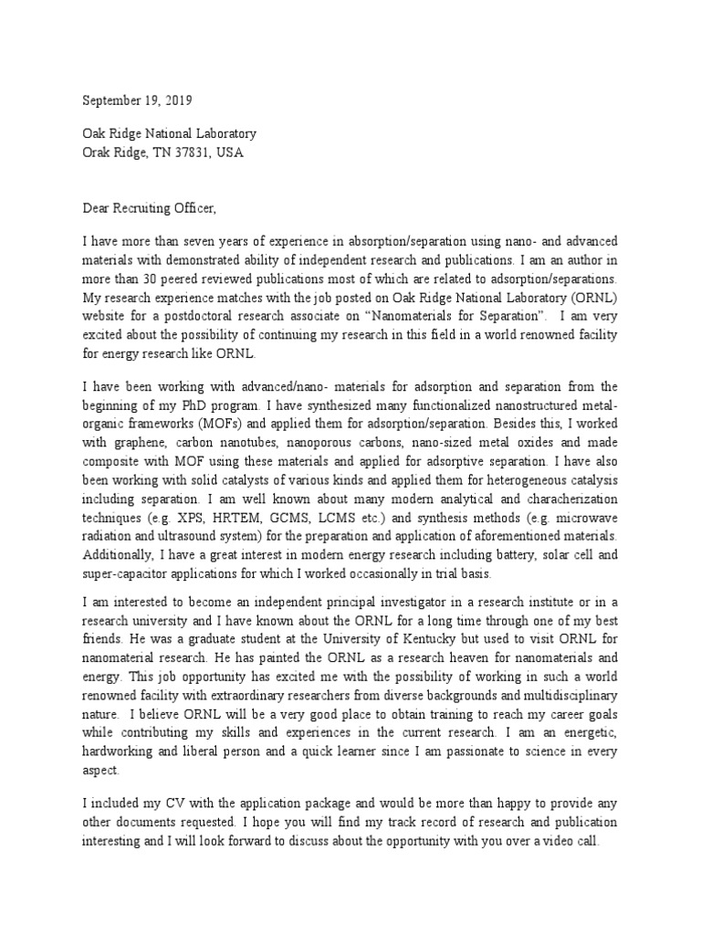 Application for ORNL Postdoc Position | PDF | Nanomaterials | Catalysis