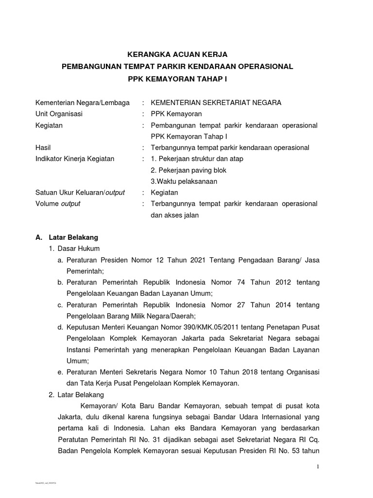 Pembangunan Tempat Parkir Kendaraan Operasional PPKK - KAK | PDF