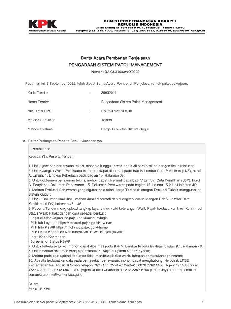 Pengadaan Sistem Patch Management - Berita Acara Pemberian Penjelasan | PDF