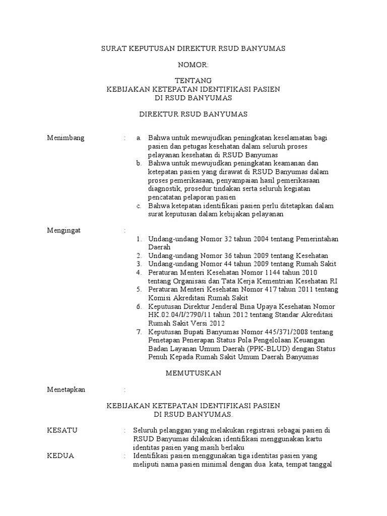 Kebijakan - Ketepatan Identifikasi Pasien. SKP 1 | PDF
