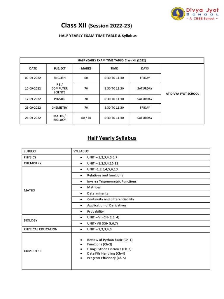 Class XII HY Time Table & Syllabus | PDF | Reading Comprehension ...