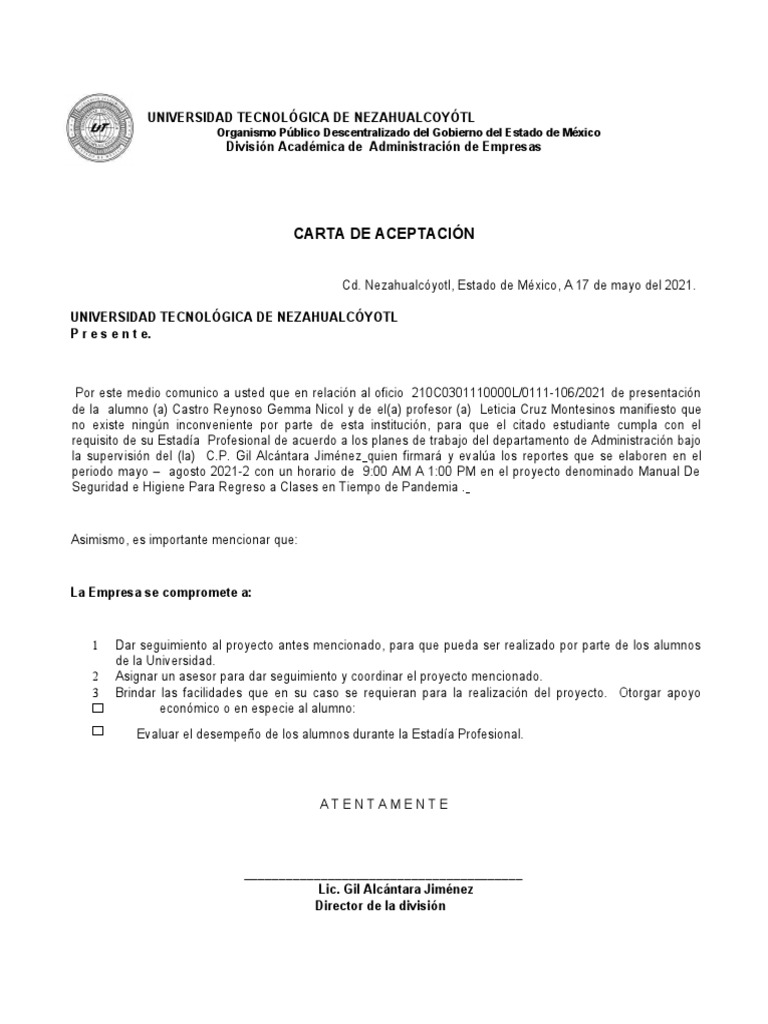 Carta de Aceptacion | PDF
