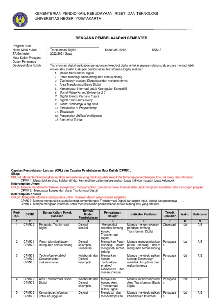 RPS MKU Transformasi Digital - 2022-1 | PDF
