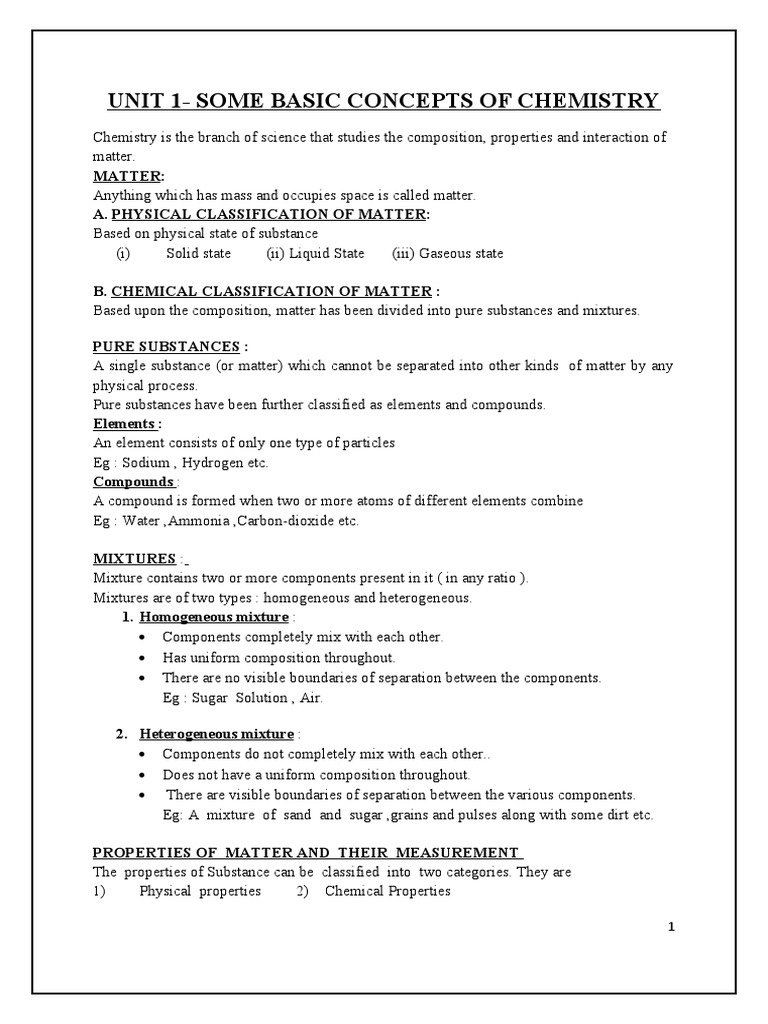 Unit 1 BASIC CONCEPTS OF CHEMISTRY | PDF | Mole (Unit) | Mixture