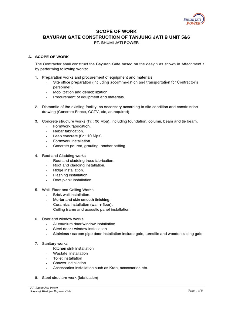 Appendix 1 - Scope of Work Bayuran Gate Construction | PDF | Road ...