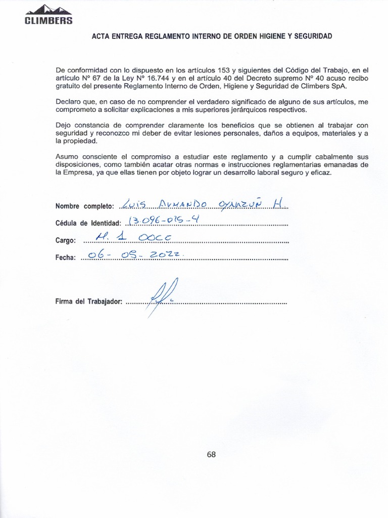 Acta recepcion reglamento interno | PDF