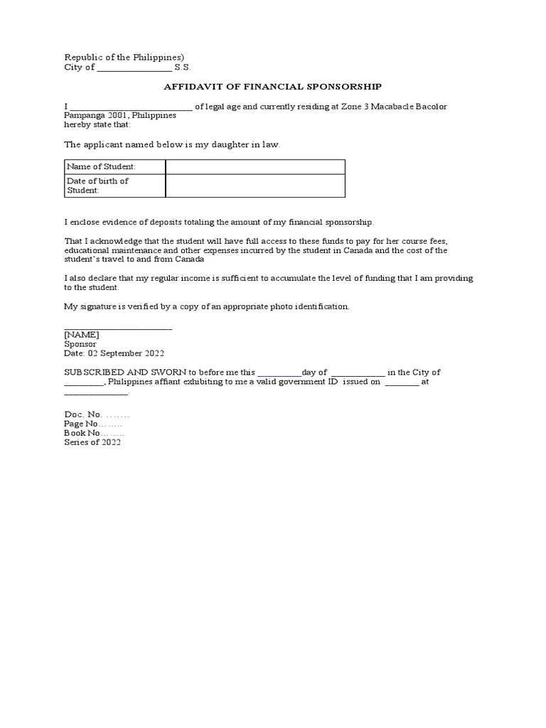 Affidavit of Financial Sponsorship Template | PDF