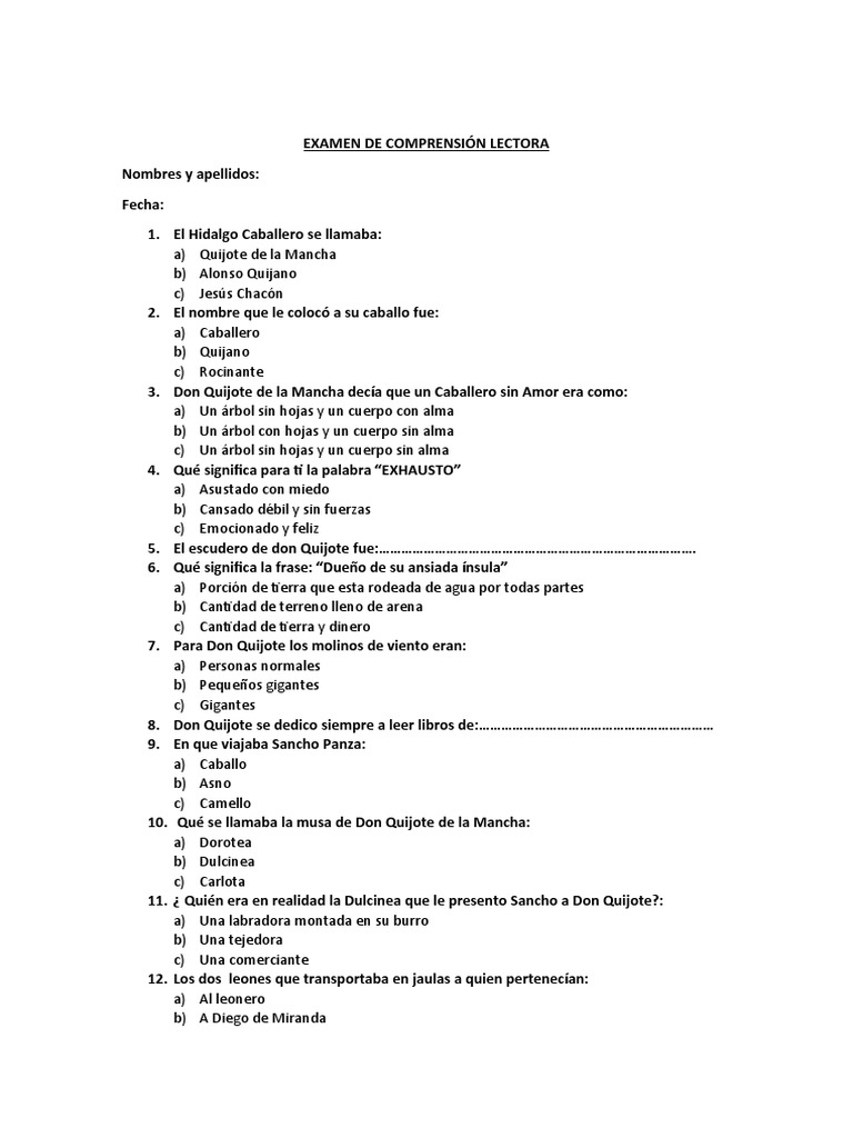 Examen de Comprensión Lectora | PDF | Don Quijote
