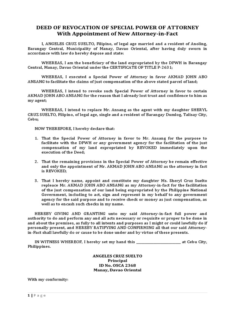DEED OF REVOCATION OF SPECIAL POWER OF ATTORNEY | PDF | Power Of ...