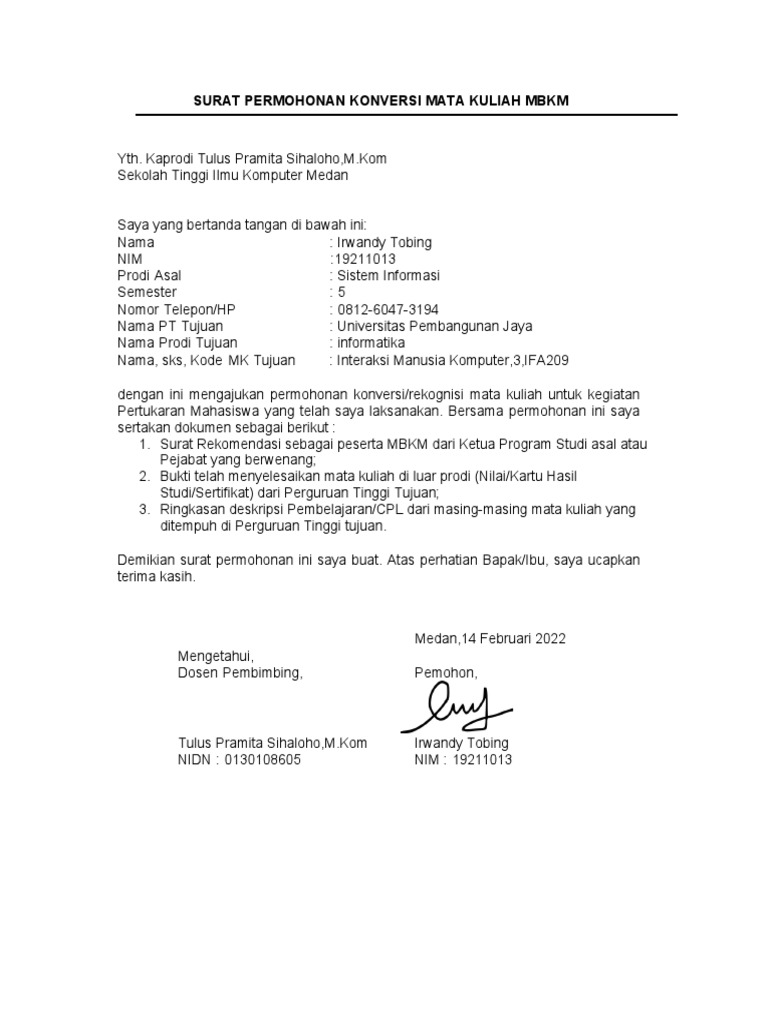 SURAT PERMOHONAN KONVERSI MATA KULIAH MBKM IMK-ditandatangani ...