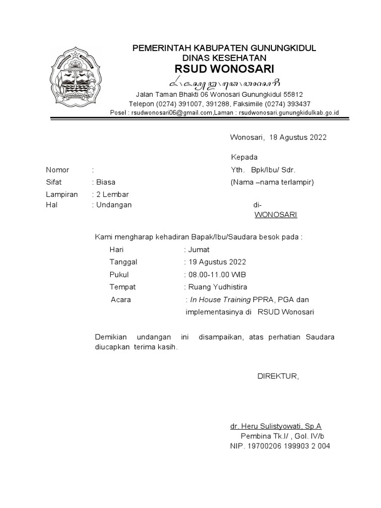 Undangan In House Training RSUD Wonosari | PDF