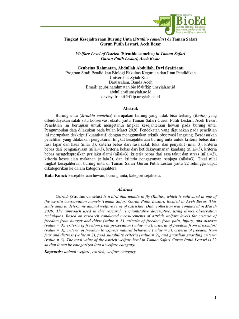 Kesejahteraan Burung Unta di Taman Safari Aceh | PDF | Sains ...