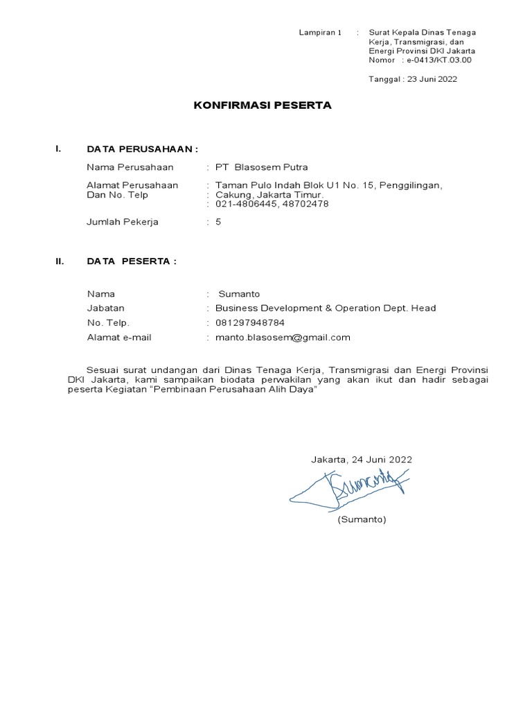 Konfirmasi Peserta PT Blasosem Putra | PDF