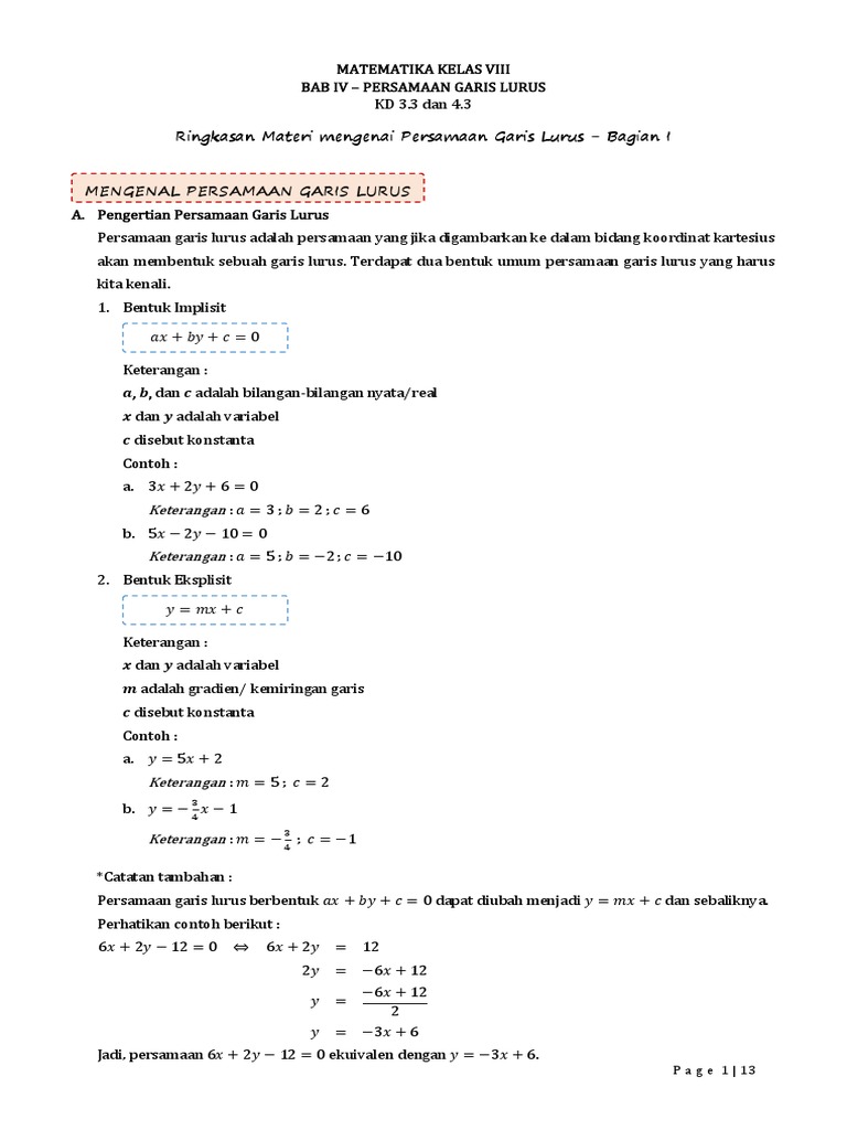 Modul Persamaan Garis Lurus Kelas VIII K | PDF
