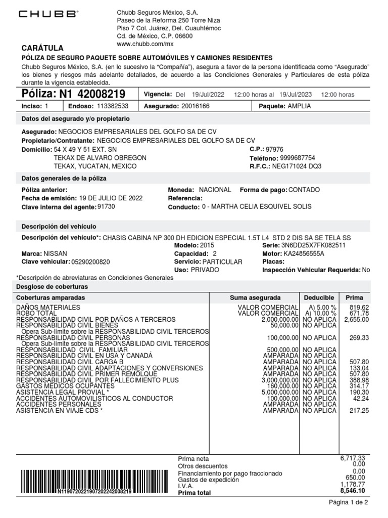 Póliza: N1 42008219: Carátula | PDF | Póliza de seguros | Riesgo