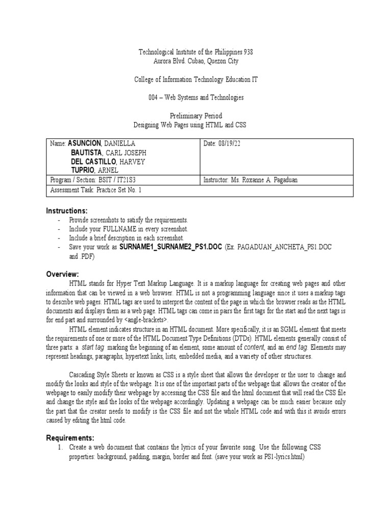 Bautista, Carl Joseph Del Castillo, Harvey Tuprio, Arnel | PDF | Html | Html Element