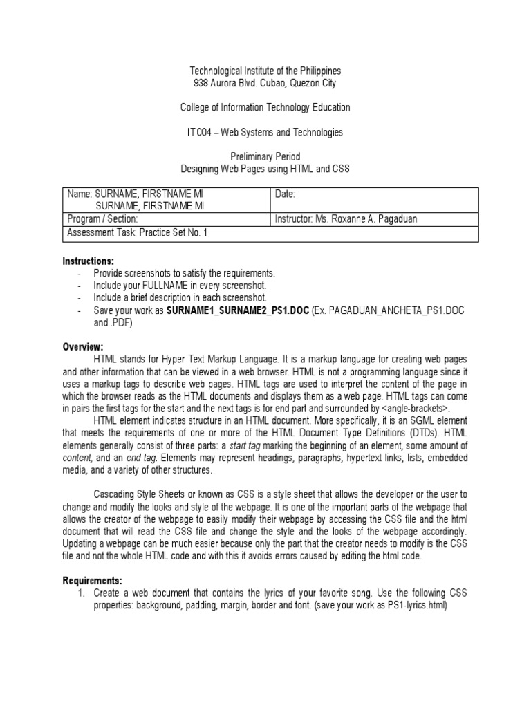 1.2 Practice Set No 1 - Designing Web Pages Using HTML and CSS | PDF ...