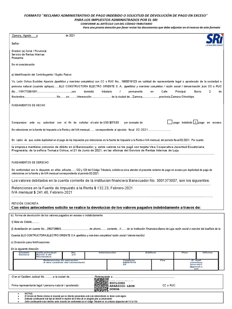 FORMATO RECLAMO PAGO INDEBIDO O SOLICITUD DEVOLUCI - N PAGO EN EXCESO QUE CONTIENE LO INDICADO ...