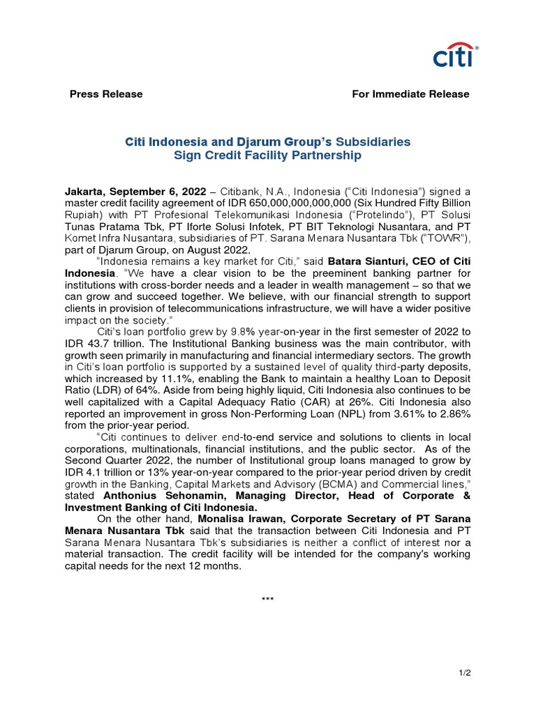 Press Release - Citi Indonesia and Djarum Group's Subsidiaries Sign ...