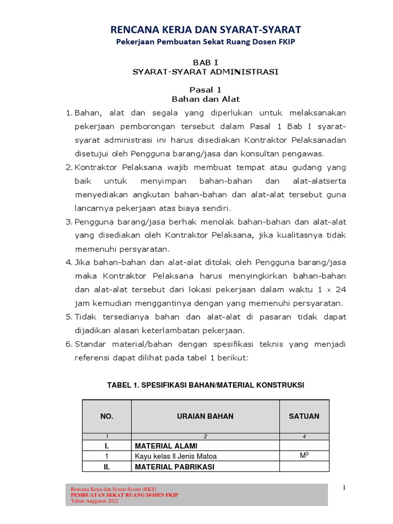 RKS Sekat Ruang Dosen FKIP | PDF