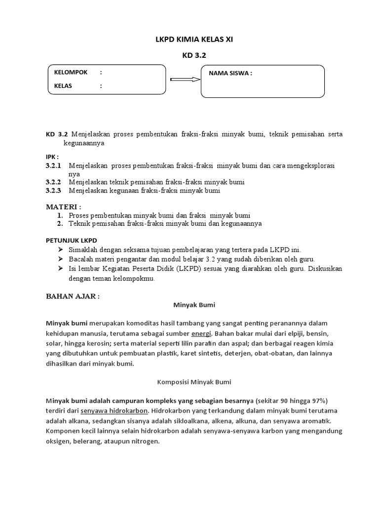 LKPD Kimia Minyak Bumi XI | PDF | Seni | Sains & Matematika