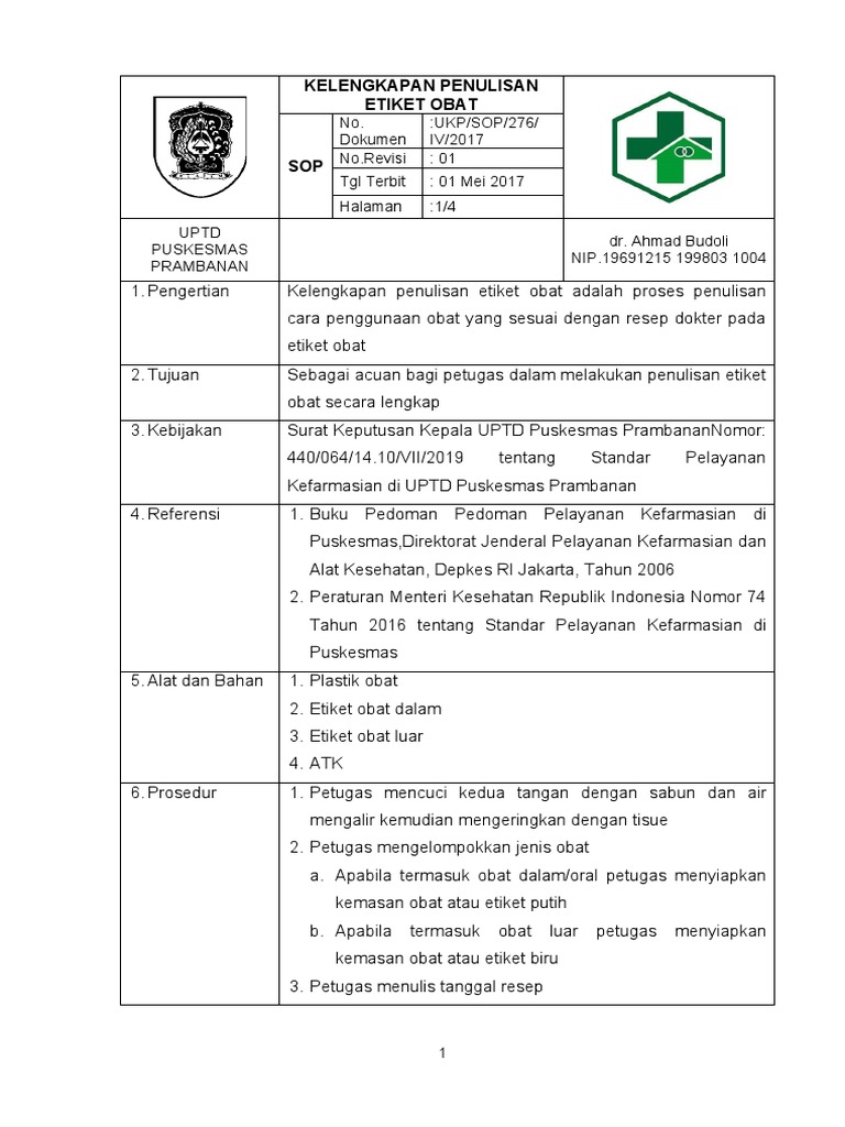 Prosedur Penulisan Etiket Obat Puskesmas | PDF