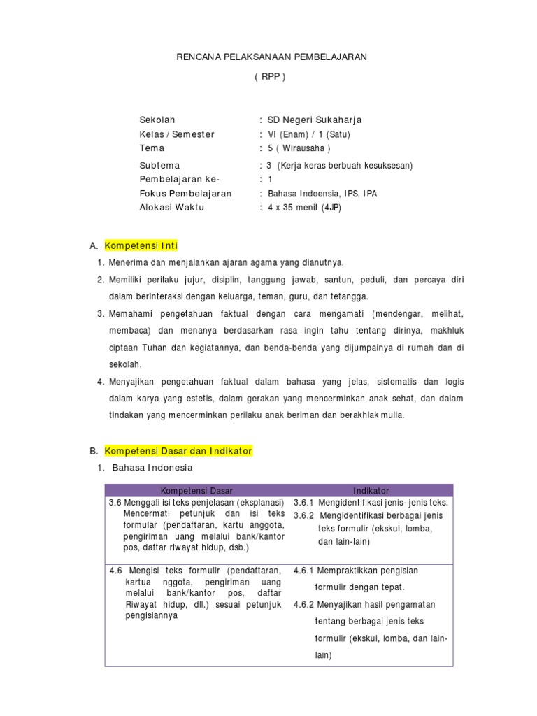 RPP - Instrumen Penilaian - Tema 5 - Sub Tema 1 - PB 1 | PDF