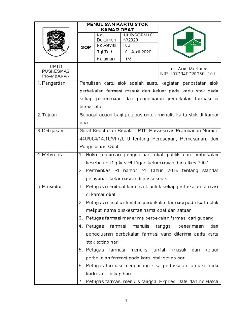 Sop Penulisan Kartu Stok Kamar Obat | PDF
