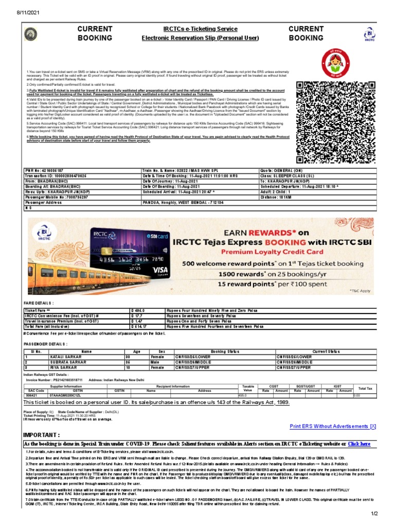 Electronic Reservation Slip for Travel on Train 02822 MAS HWH SPL from ...