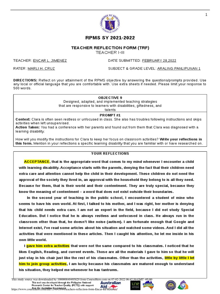 Teachers Reflection Form Encar RPMS | PDF | Intellectual Giftedness ...