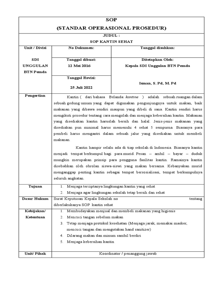 S o P Kantin | PDF | Kesehatan Holistik