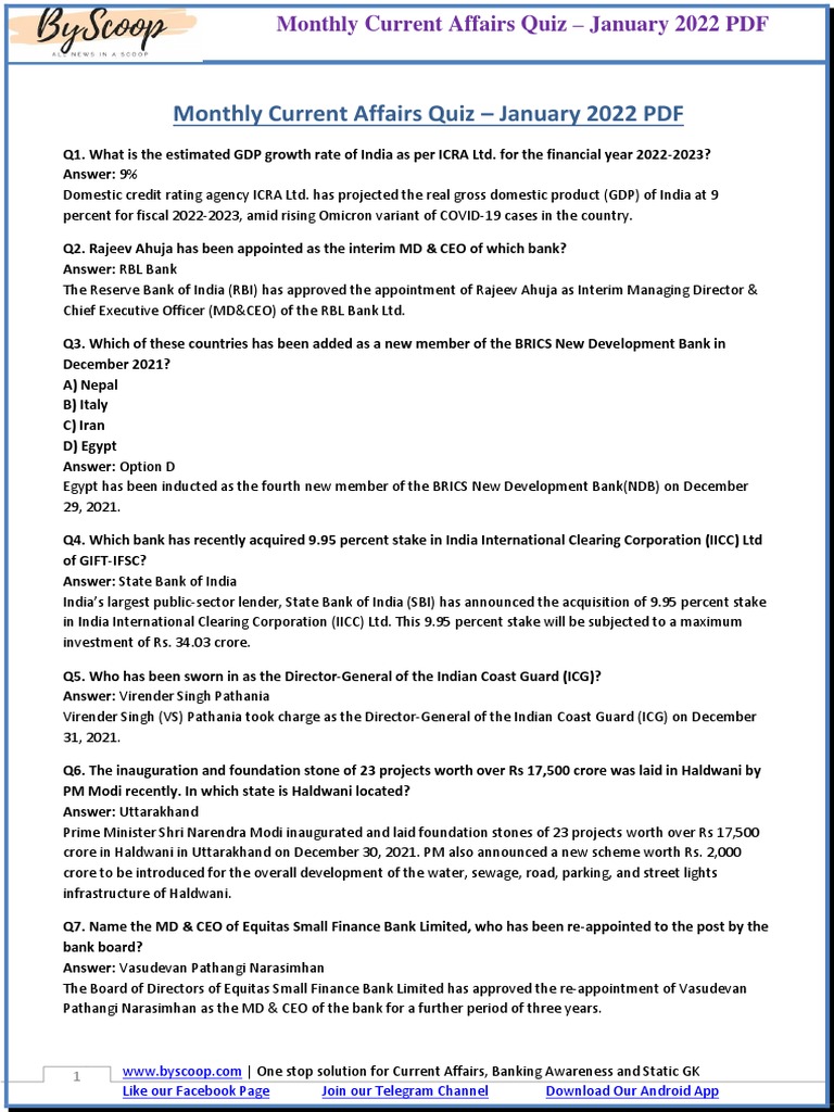 Current Affairs Quiz: Jan 2022 | PDF | Reserve Bank Of India