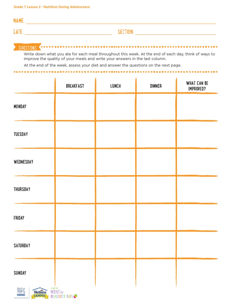 Lesson 2 - Nutrition During Adolescence Worksheet 1 | PDF